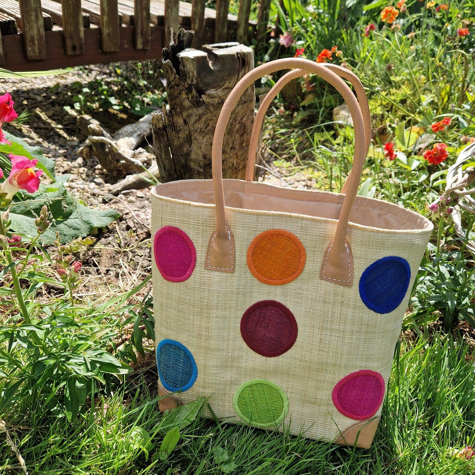 Raffia Basket: Spotty Dotty Design, Leather Handles, Drawstring Top - Etsy