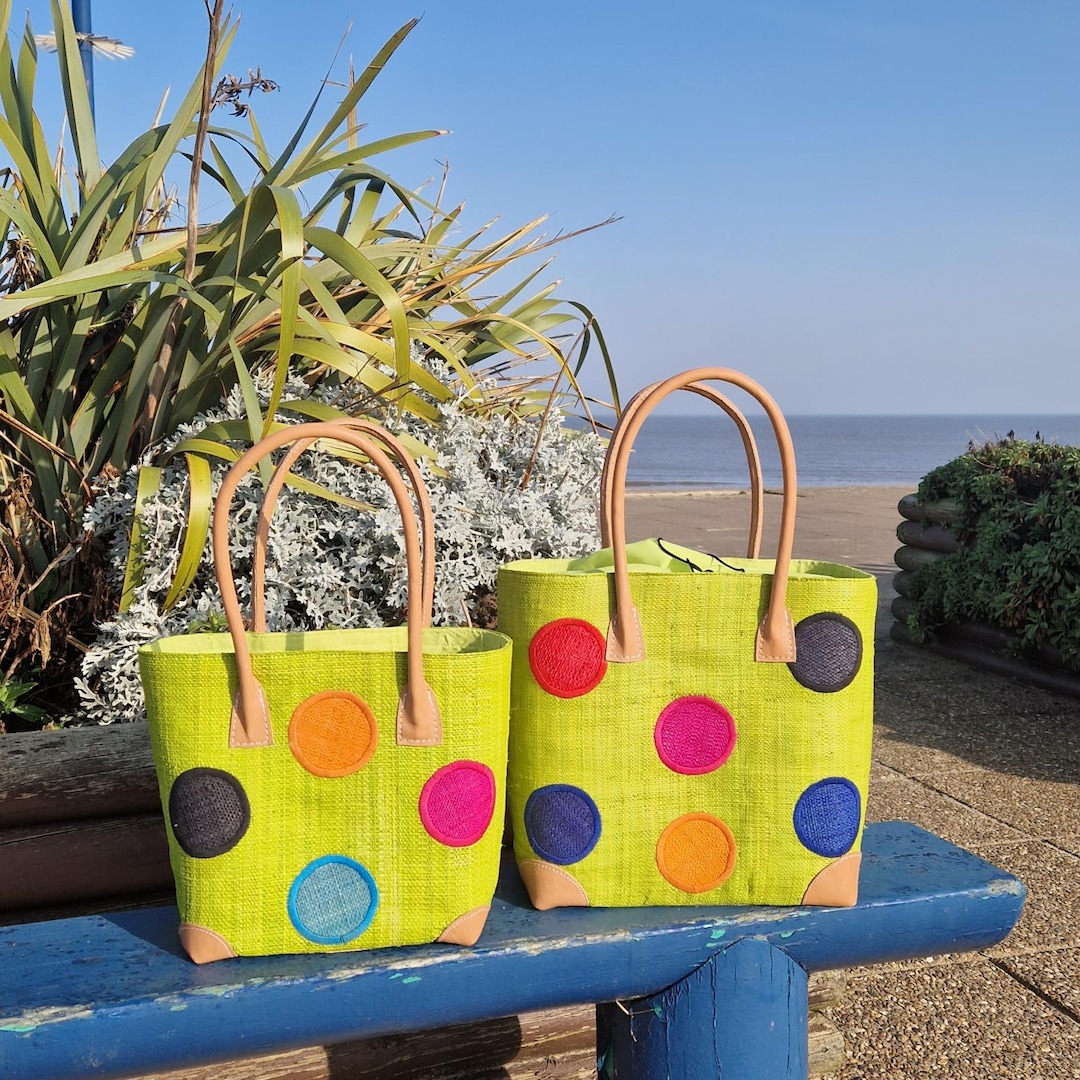 Lime Coloured Rainbow Spot Raffia Basket, Hand Made in Madagascar From ...