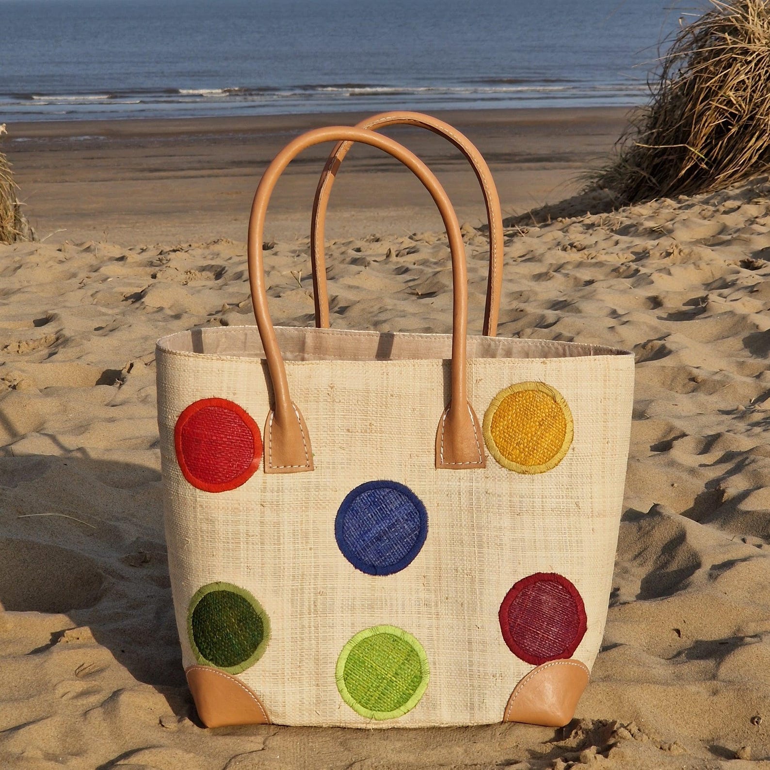 Raffia Basket: Spotty Dotty Design, Leather Handles, Drawstring Top - Etsy