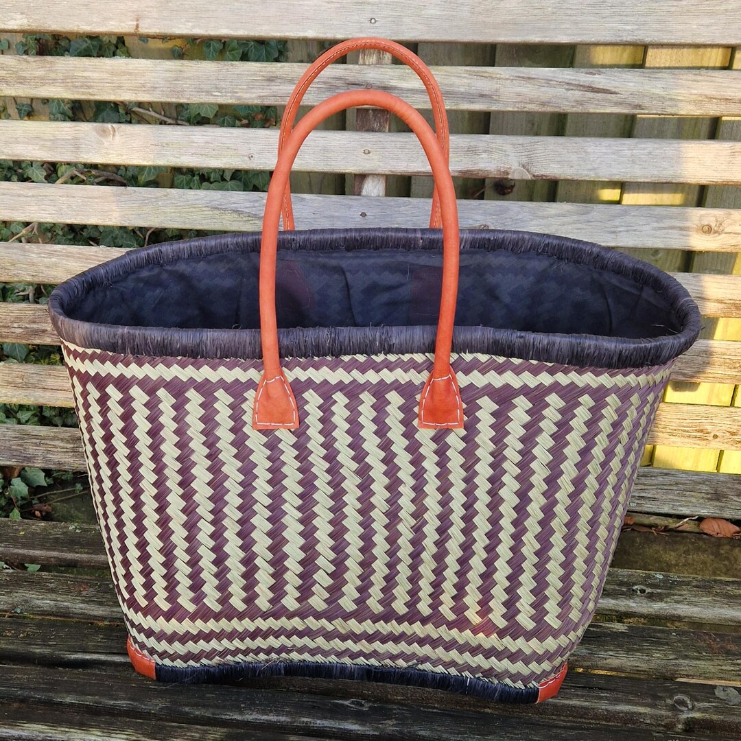 Handwoven Bosaka Grass Shopping Basket: Leather Handles & Drawstring ...