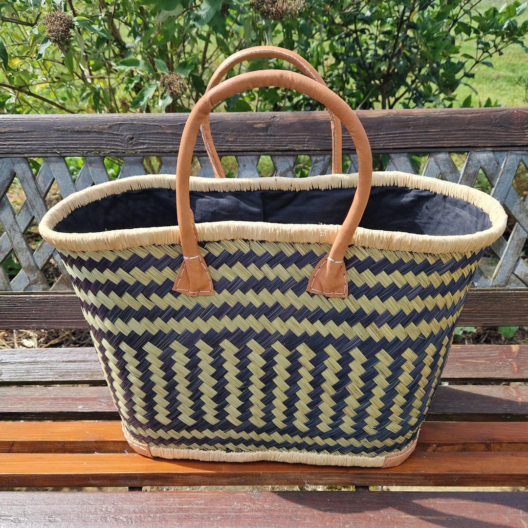 Medium Hand Woven Shopping Basket With Drawstring Top and Soft Leather ...