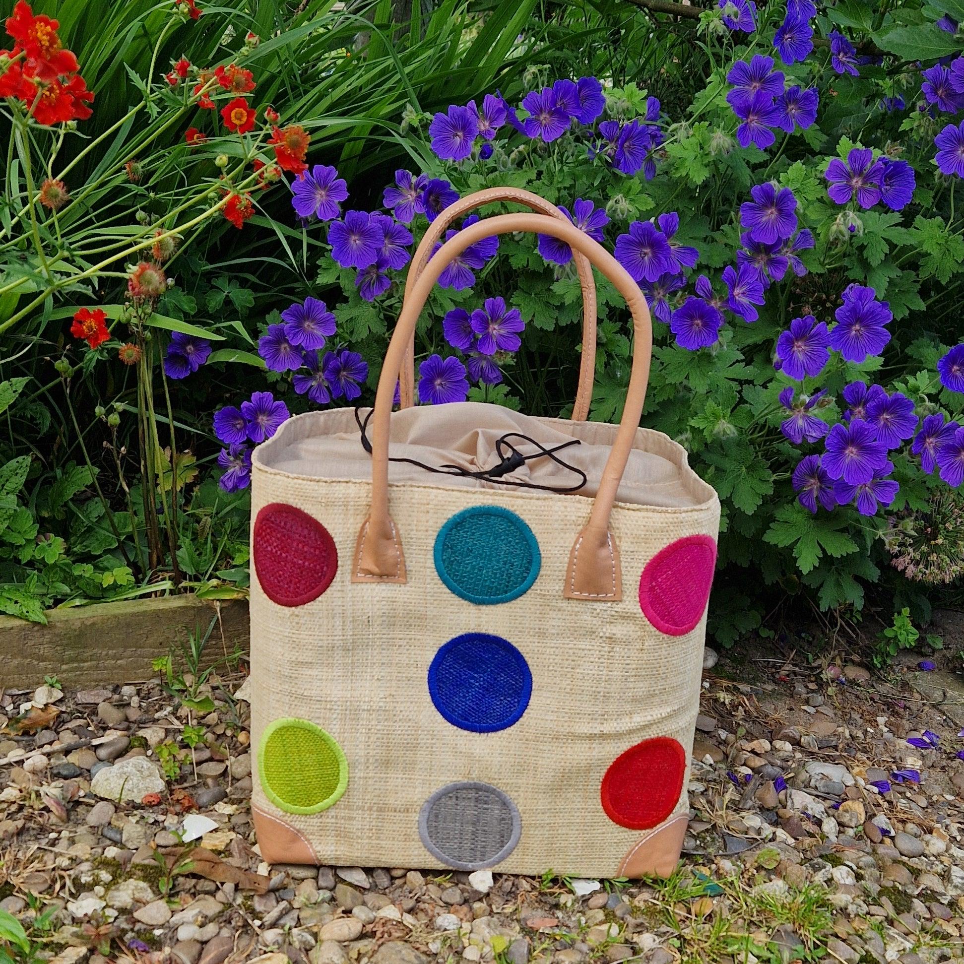 Raffia Basket: Spotty Dotty Design, Leather Handles, Drawstring Top - Etsy