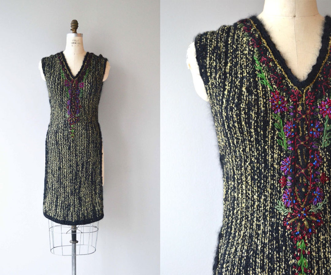 Rozanova Knit Tabard | Rare 1920s Wool Knit Dress | Metallic Knit 20s ...