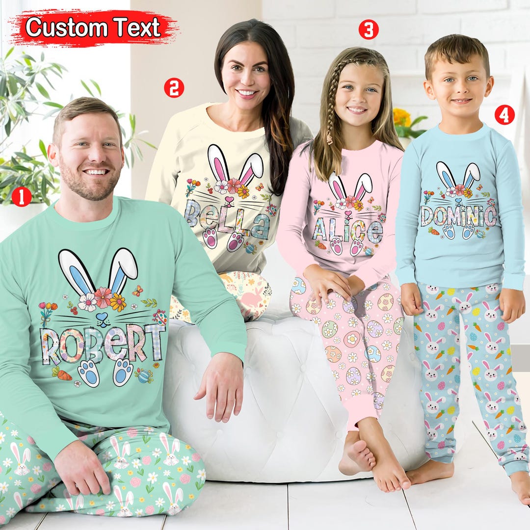 Personalized Family Bunny Easter Pajamas Set, Custom Name Rabbit Easter ...