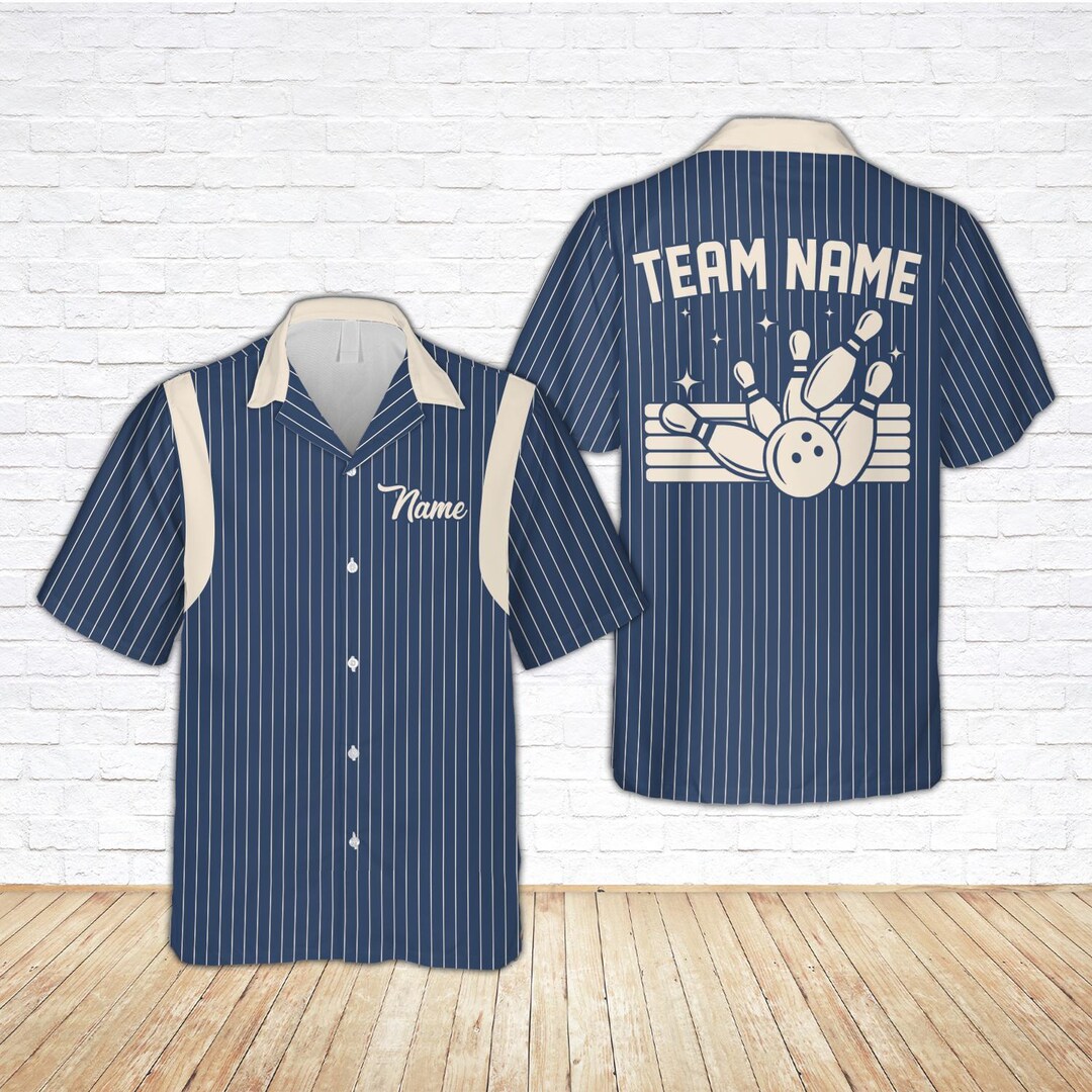 Retro Stripe Bowling Hawaiian Shirt, Custom Name Bowler Button Shirt ...