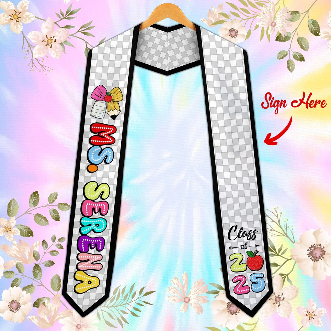 Checkered Custom Graduation Teacher Stole, Personalized Coquette Grad ...
