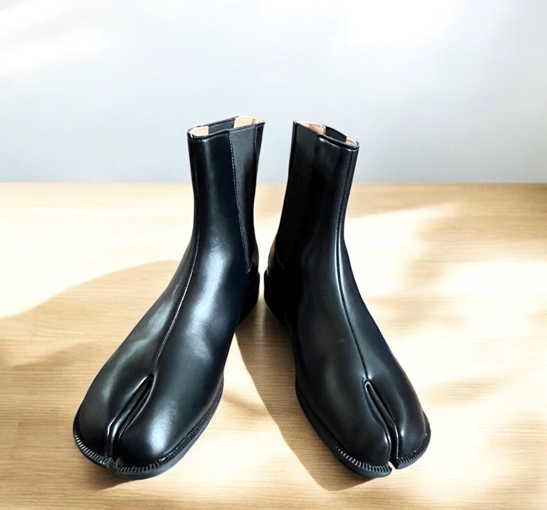 Black Eco Leather Tabi Ankle Boots, Split Toe Minimalist Footwear ...