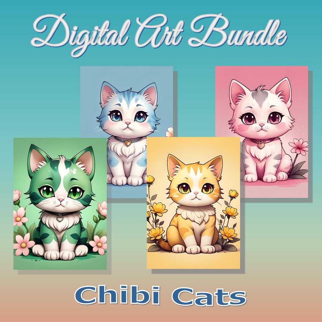 Digital Art Printable Bundle C chibi Cat Animal Wall Art Decor - Etsy