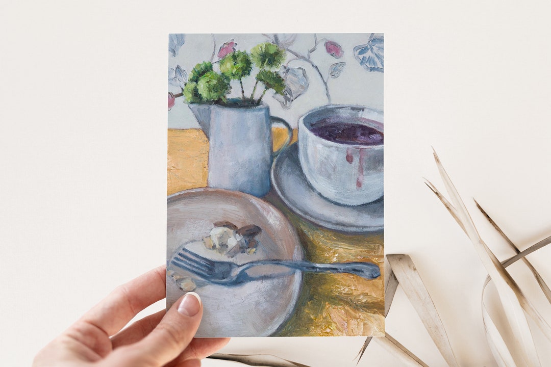Still Life Greeting Card | 5x7 | Coffee Cake | Tea | Flowers | Original ...
