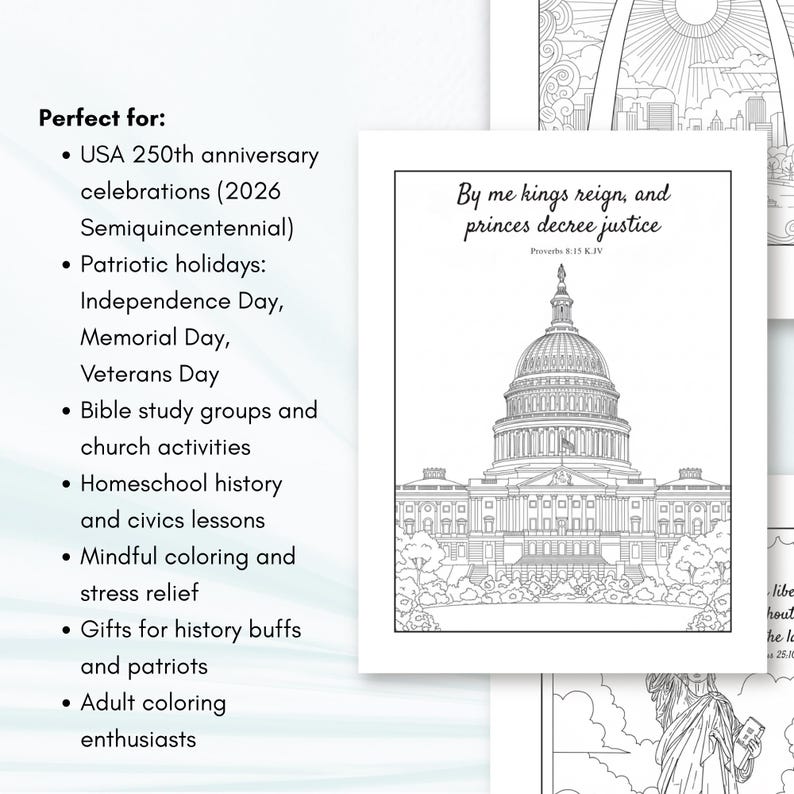 12 Iconic American Landmarks Coloring Pages for Adults: USA 250th ...