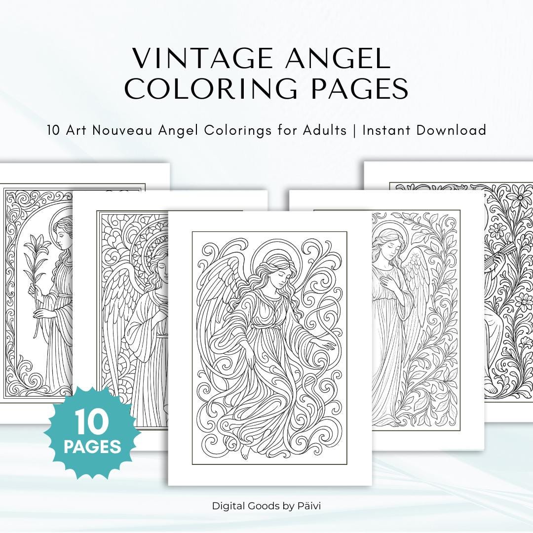 Vintage Angel Coloring Pages for Adults: 10 Art Nouveau Angel Sheets ...