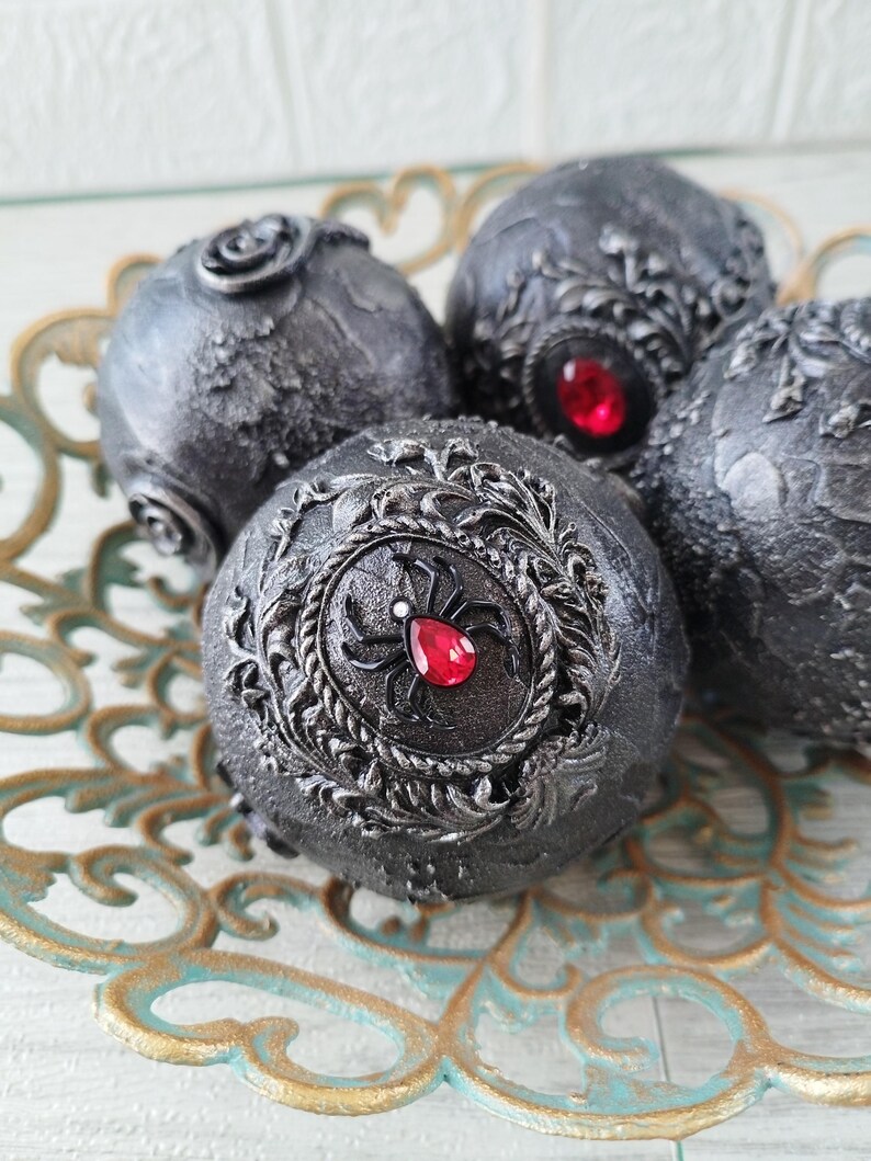 Gothic Decorative Balls - Black Orbs With Silver Accents and Red Gems ...