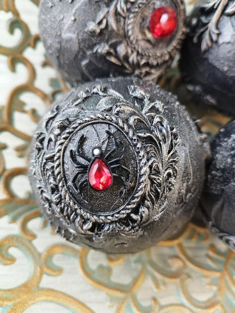 Gothic Decorative Balls - Black Orbs With Silver Accents and Red Gems ...