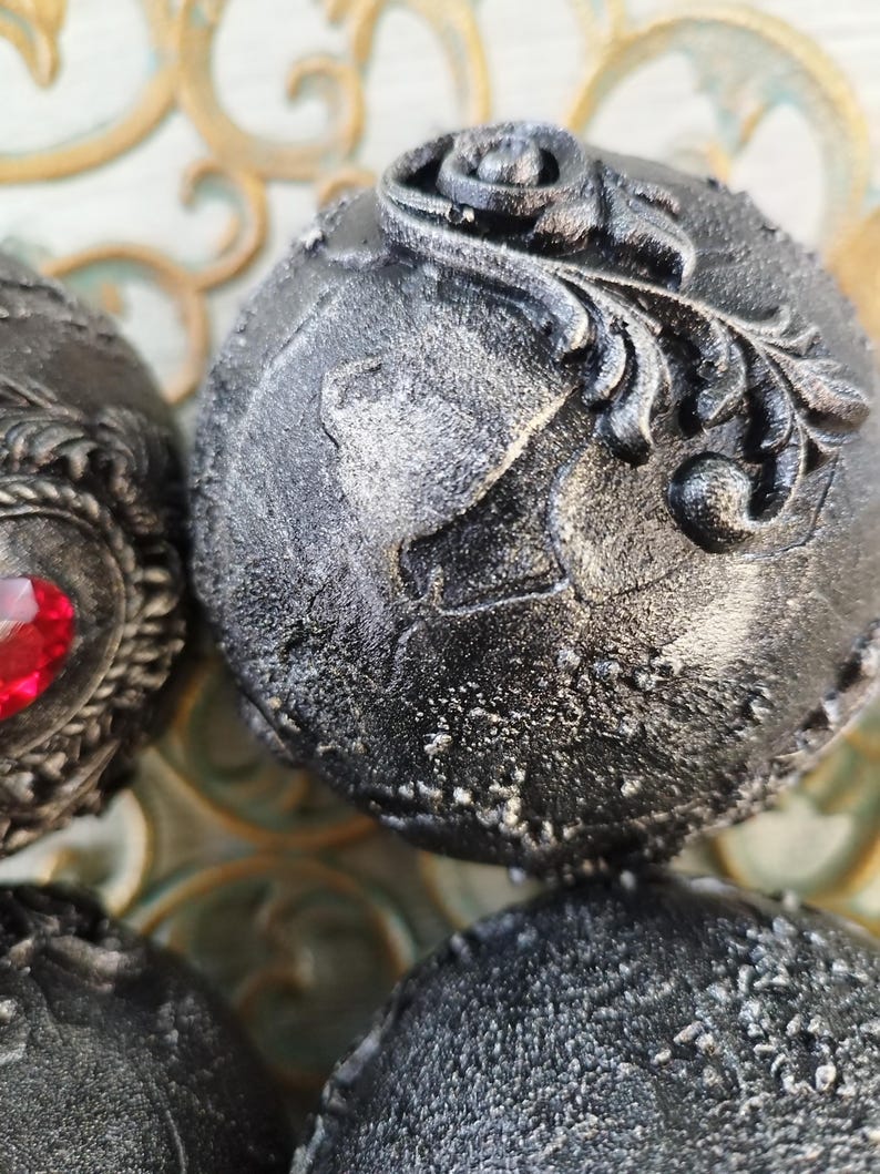 Gothic Decorative Balls - Black Orbs With Silver Accents and Red Gems ...