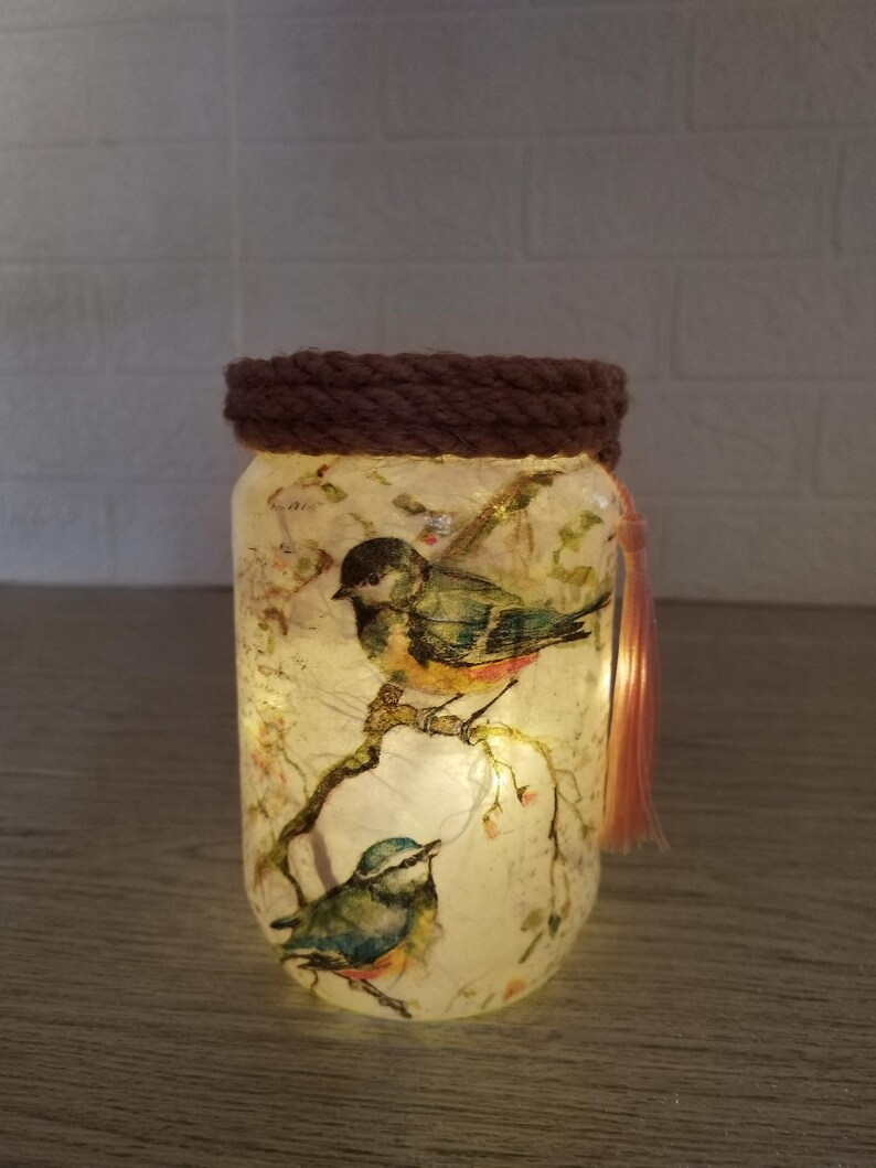 Handmade Bird-themed LED Lantern With Decoupage Design, Jar With Lights ...