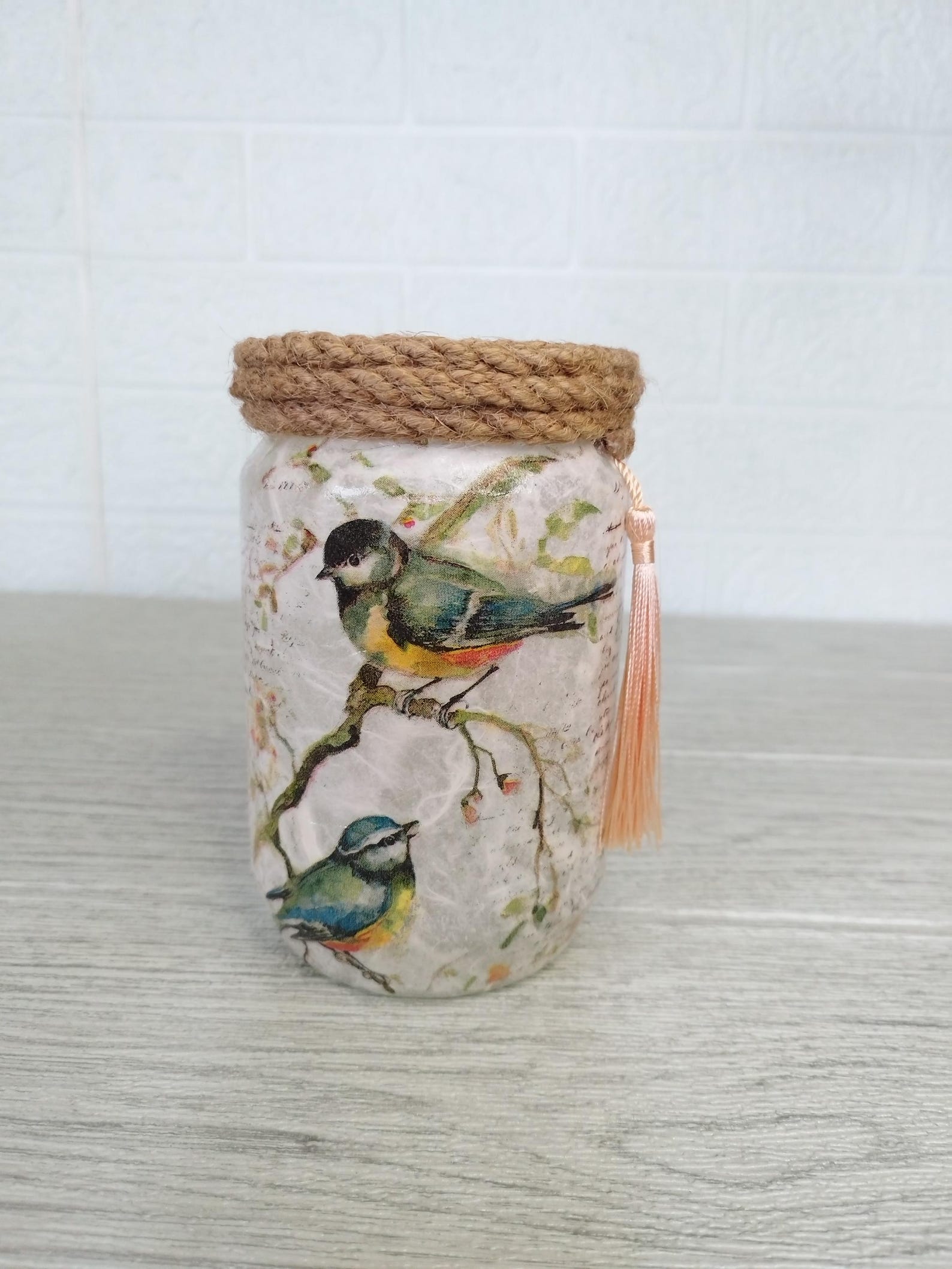Handmade Bird-themed LED Lantern With Decoupage Design, Jar With Lights ...