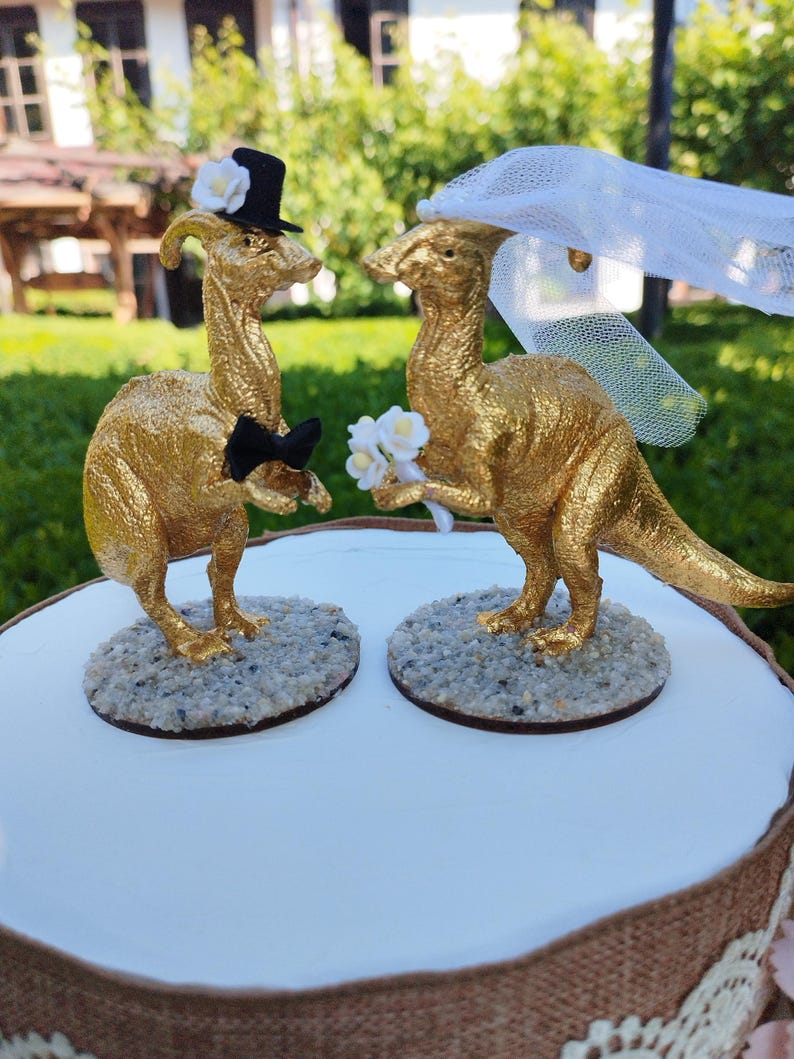 Gold Dinosaur Wedding Cake Topper – Bride & Groom Parasaurolophus ...