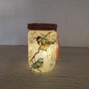 Handmade Bird-themed LED Lantern With Decoupage Design, Jar With Lights ...