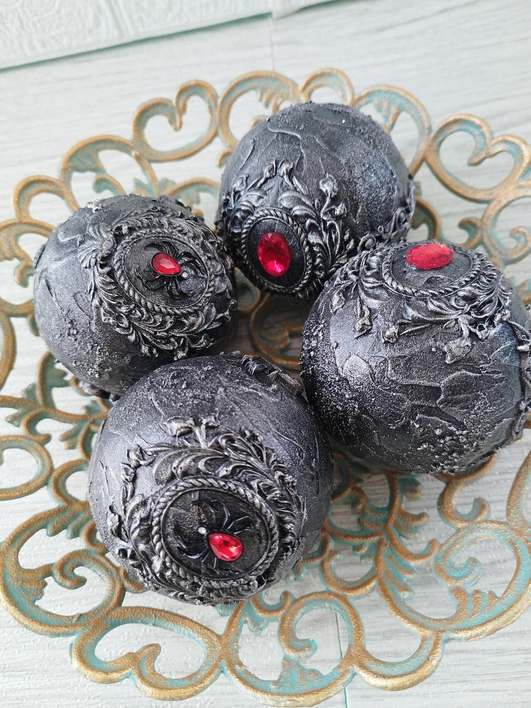 Gothic Decorative Balls - Black Orbs With Silver Accents and Red Gems ...