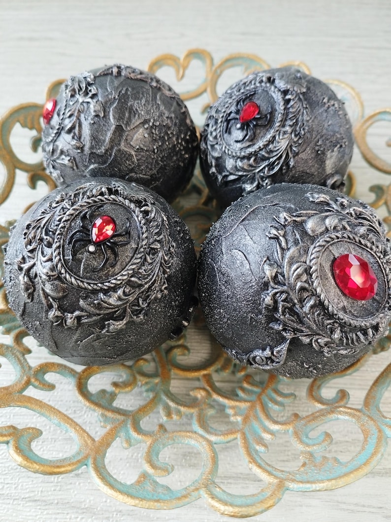Gothic Decorative Balls - Black Orbs With Silver Accents and Red Gems ...