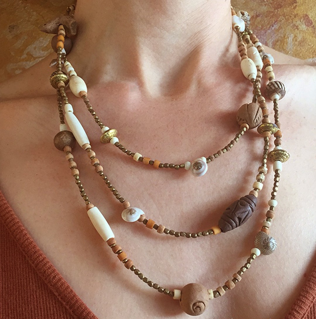 Clay, Bronze, Yak Bone and Shell Necklace in 3-strands - Etsy