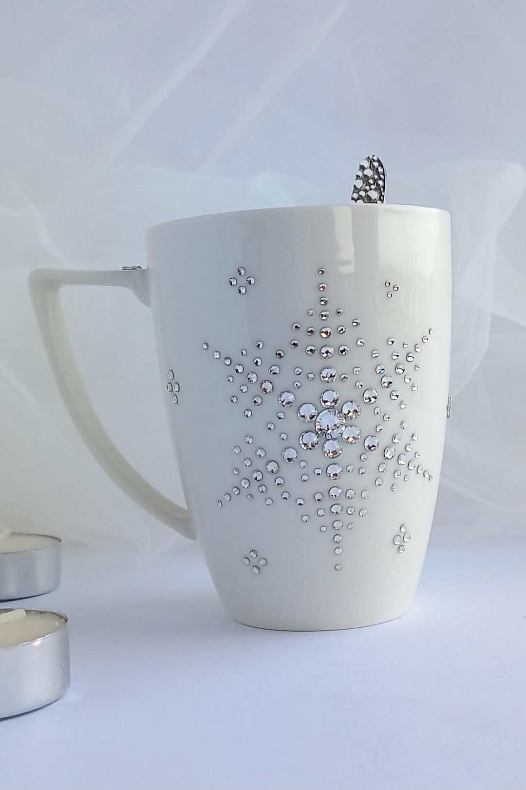 White Rhinestone Coffee Mug – Elegant Hand-decorated Cup Sparkly Gift ...