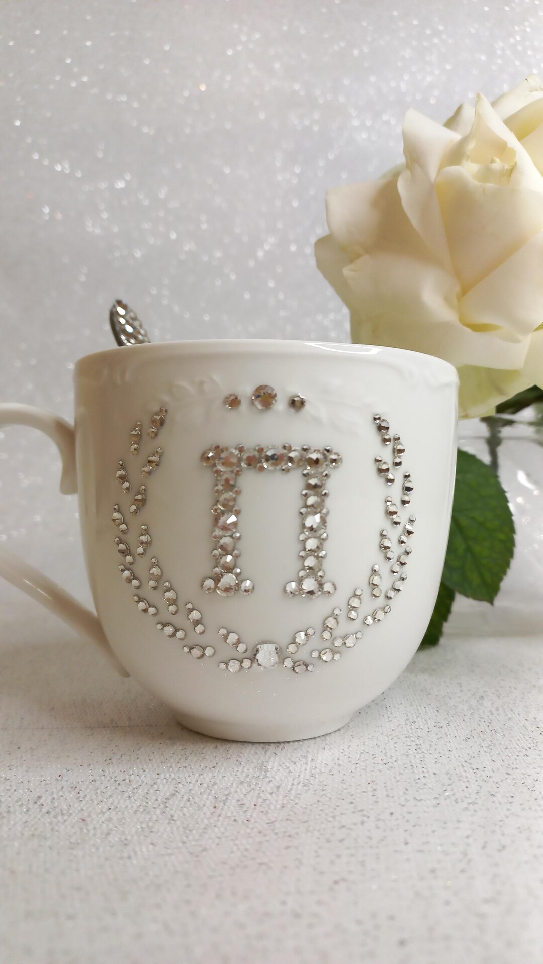 White Rhinestone Coffee Mug – Elegant Hand-decorated Cup Sparkly Gift ...