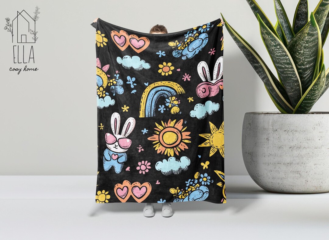 Woodland Cute Bunny Blanket: Velveteen Retro Colorful Sky, Boho Kids ...