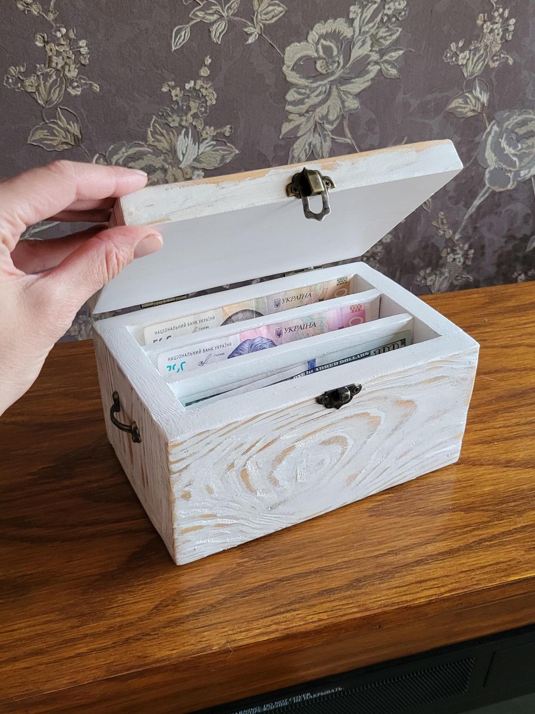 Wooden Money Box, White Cash Box, Wooden Chest for Money, Birthday Gift ...