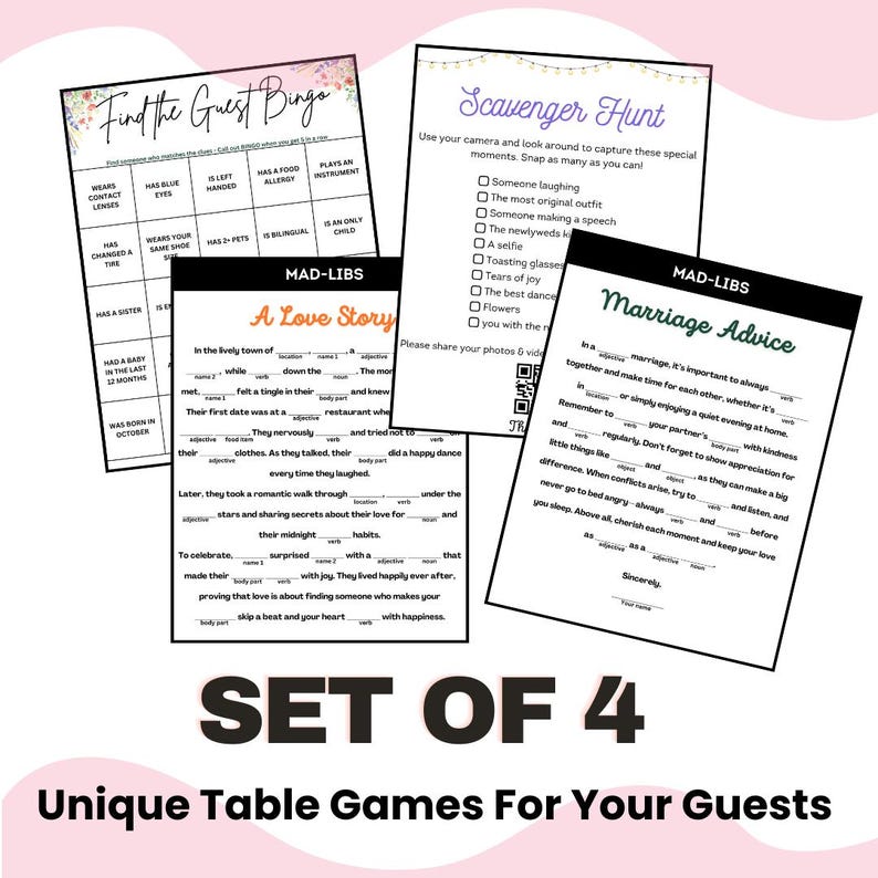 Wedding Guest Table Games Set, Wedding Scavenger Hunt, Wedding Bingo ...