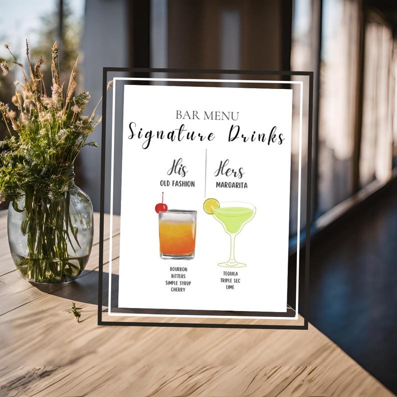 Signature Drink Wedding Sign, Customizable Bar Menu, Elegant Printable ...