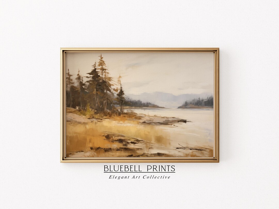Rustic Fall Riverbank Oil Painting | Earthy West Coast Scenery Wall Art ...