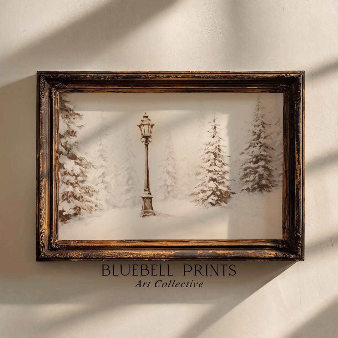 Snowy Forest Lamp Post Oil Painting | Country Christmas Farmhouse Wall ...