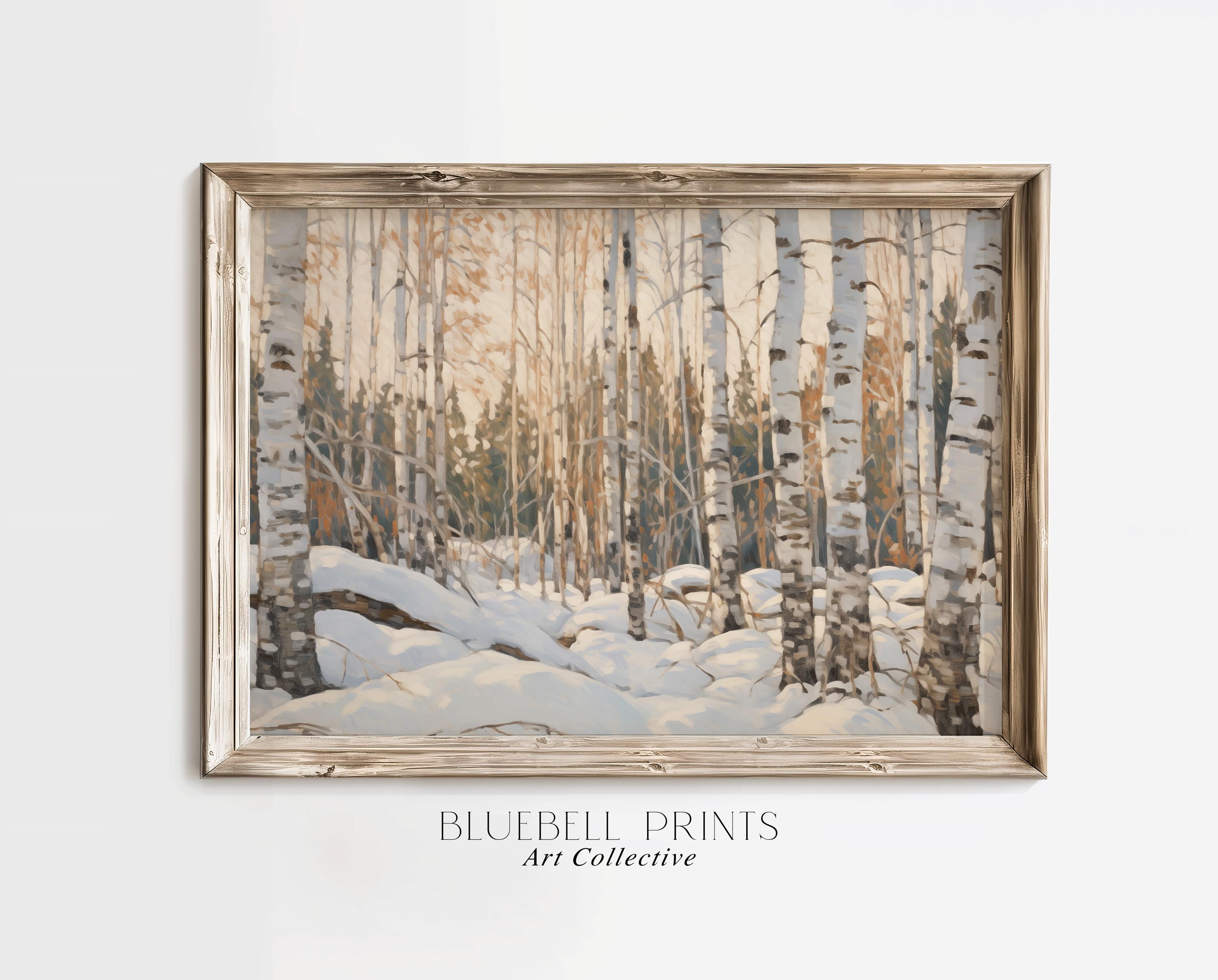 PRINTABLE Snowy Birch Tree Forest Oil Painting | Cozy Cabin Christmas ...