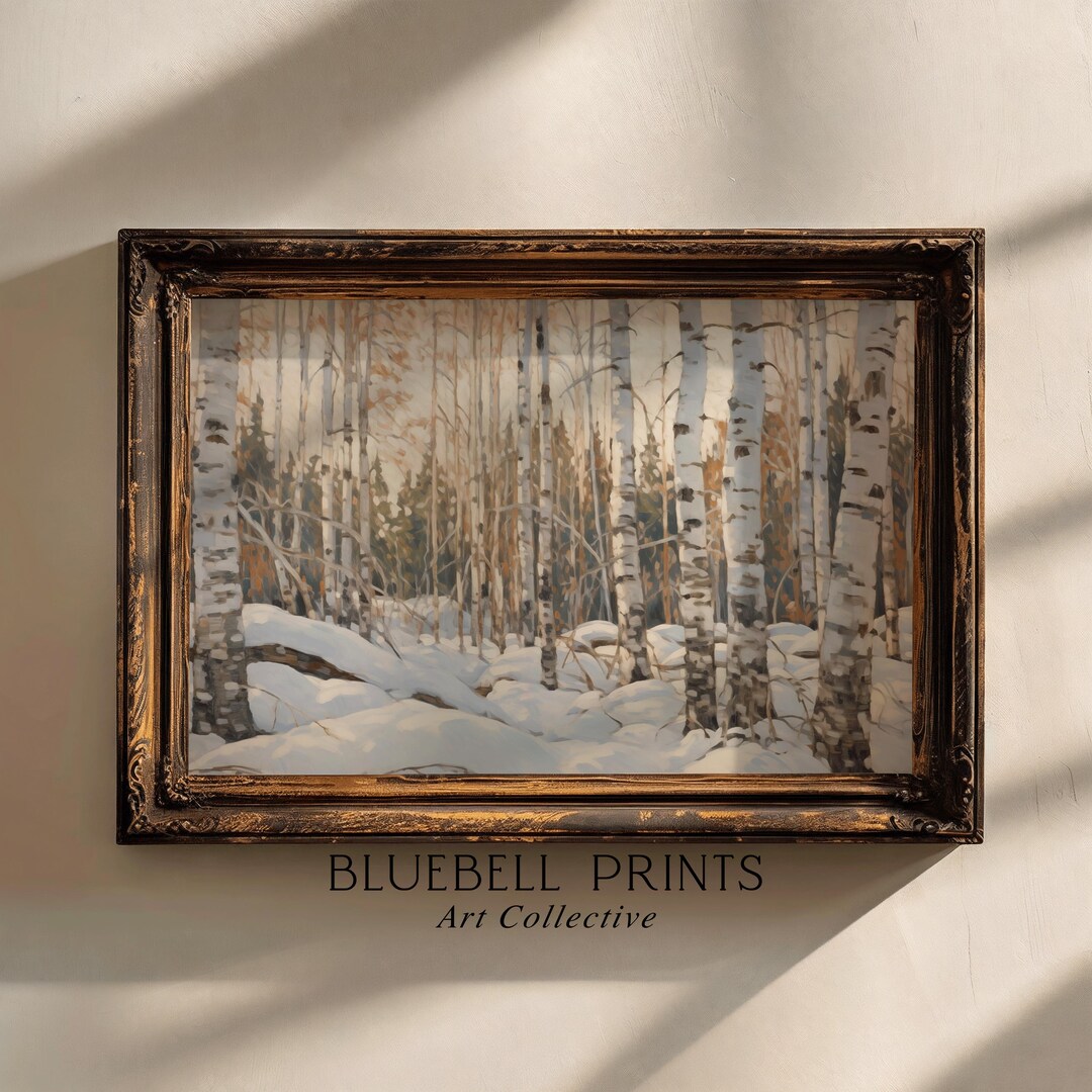 PRINTABLE Snowy Birch Tree Forest Oil Painting | Cozy Cabin Christmas ...