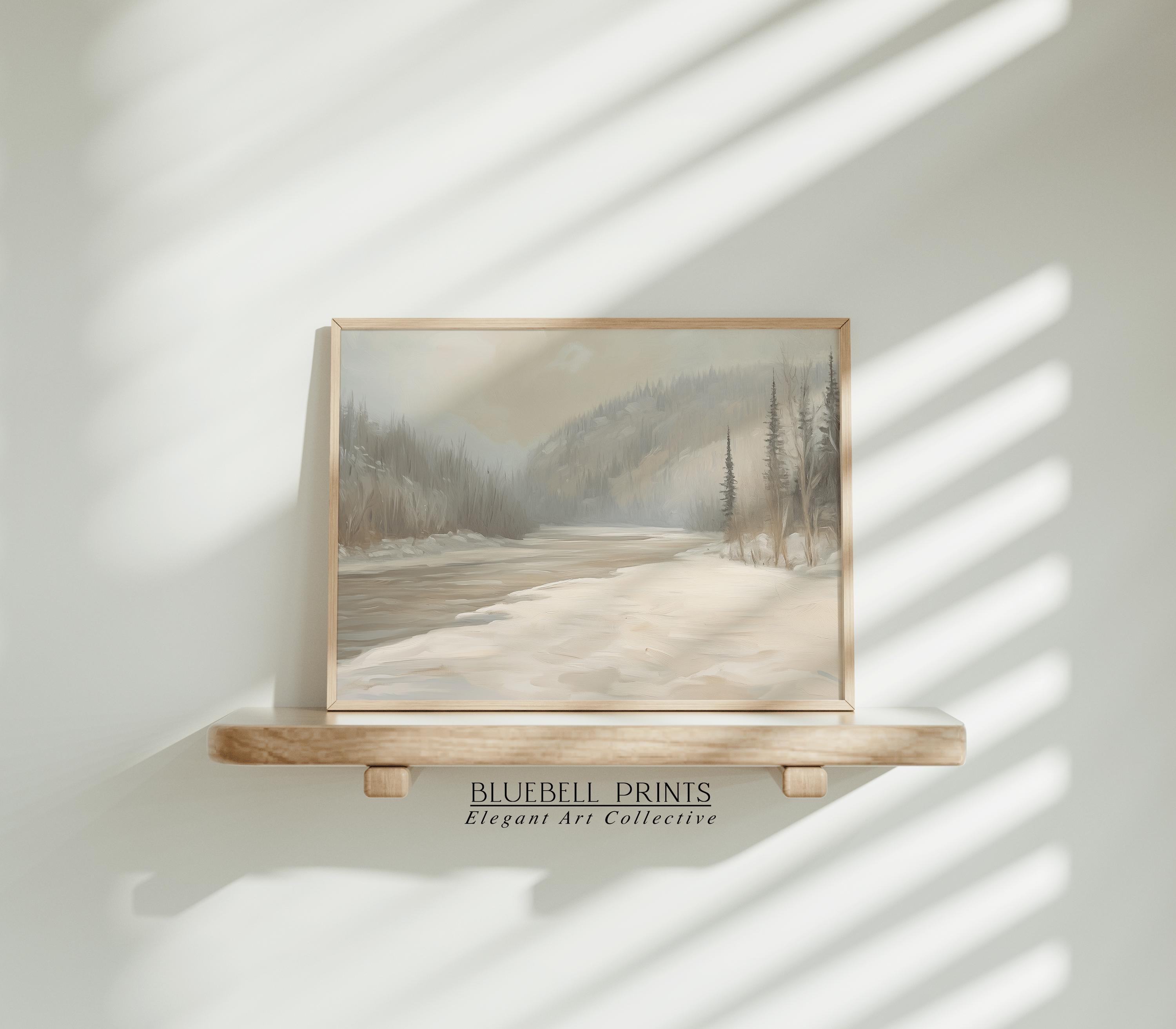 PRINTABLE Neutral Snowy Stream Oil Painting | Muted Country Christmas ...