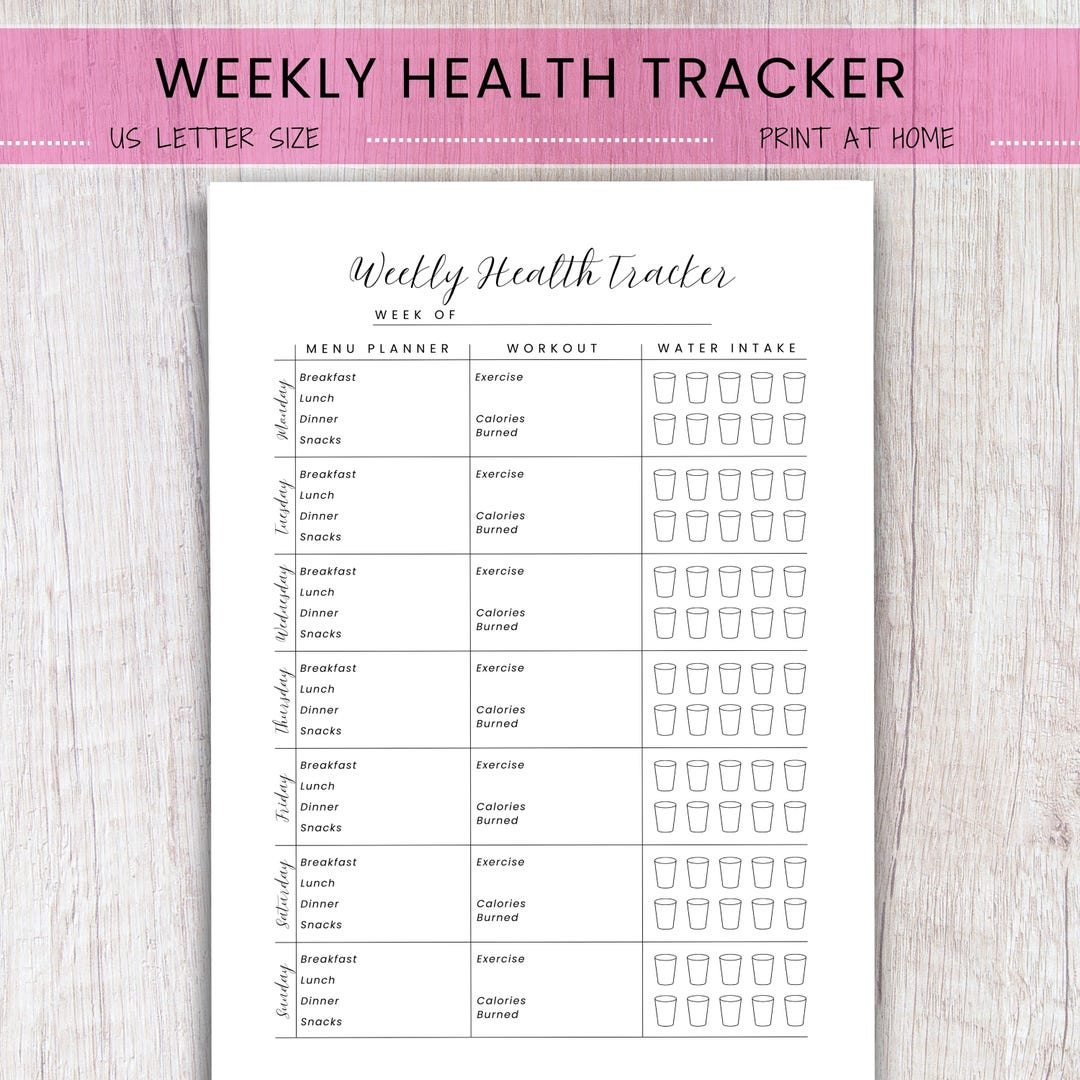 Weekly Health Tracker, Meal Prep & Exercise Chart, 8.5x11 Inch ...