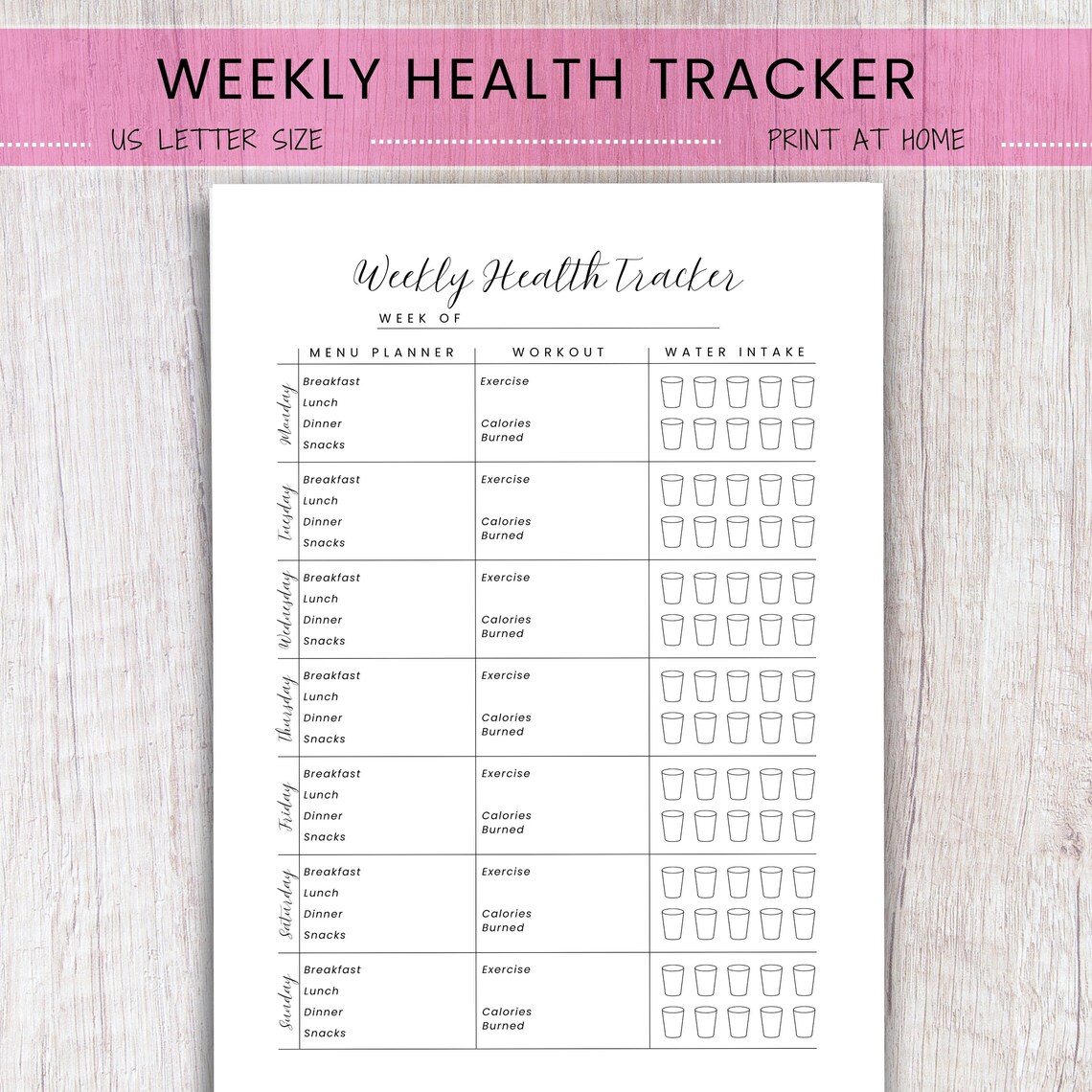 Weekly Health Tracker, Meal Prep & Exercise Chart, 8.5x11 Inch ...