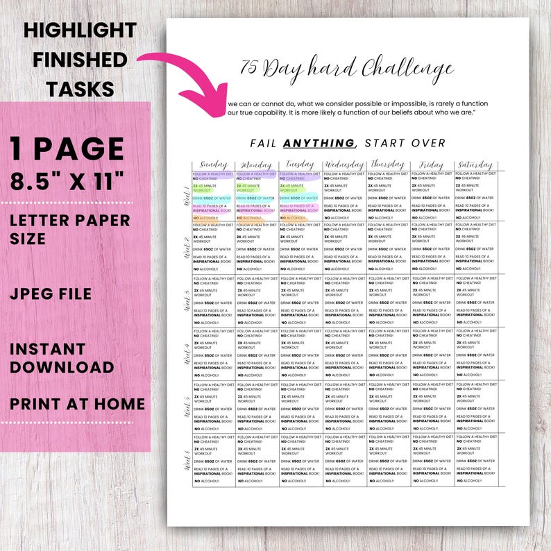 75 Day Hard Challenge Tracker, 3 Pages, Daily Goal Planner, 8.5x11 Inch ...