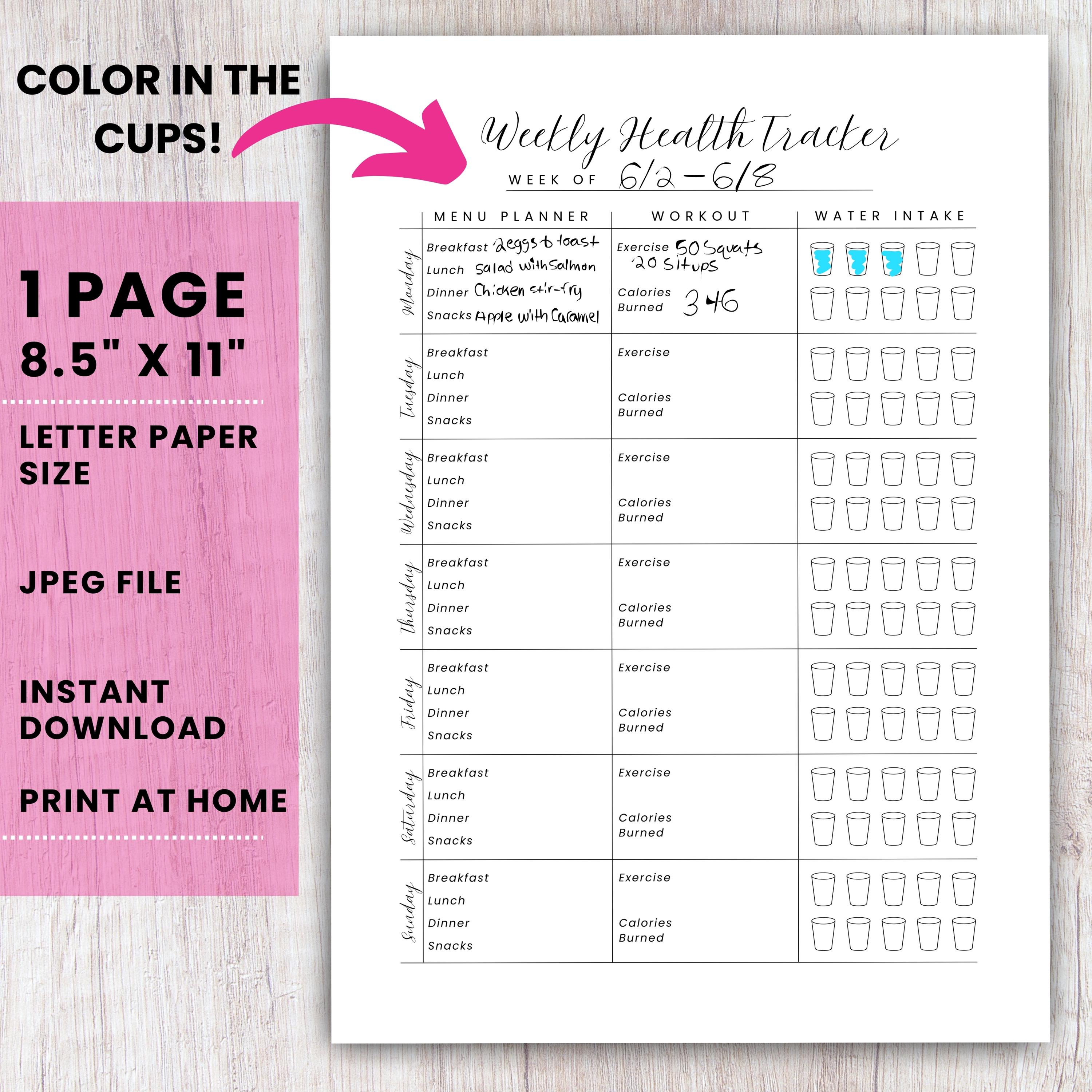 Weekly Health Tracker, Meal Prep & Exercise Chart, 8.5x11 Inch ...