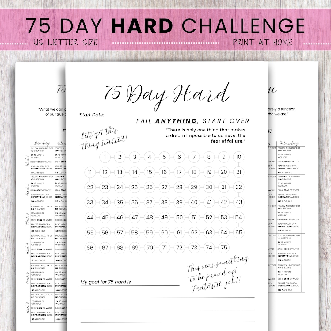 75 Day Hard Challenge Tracker, 3 Pages, Daily Goal Planner, 8.5x11 Inch ...