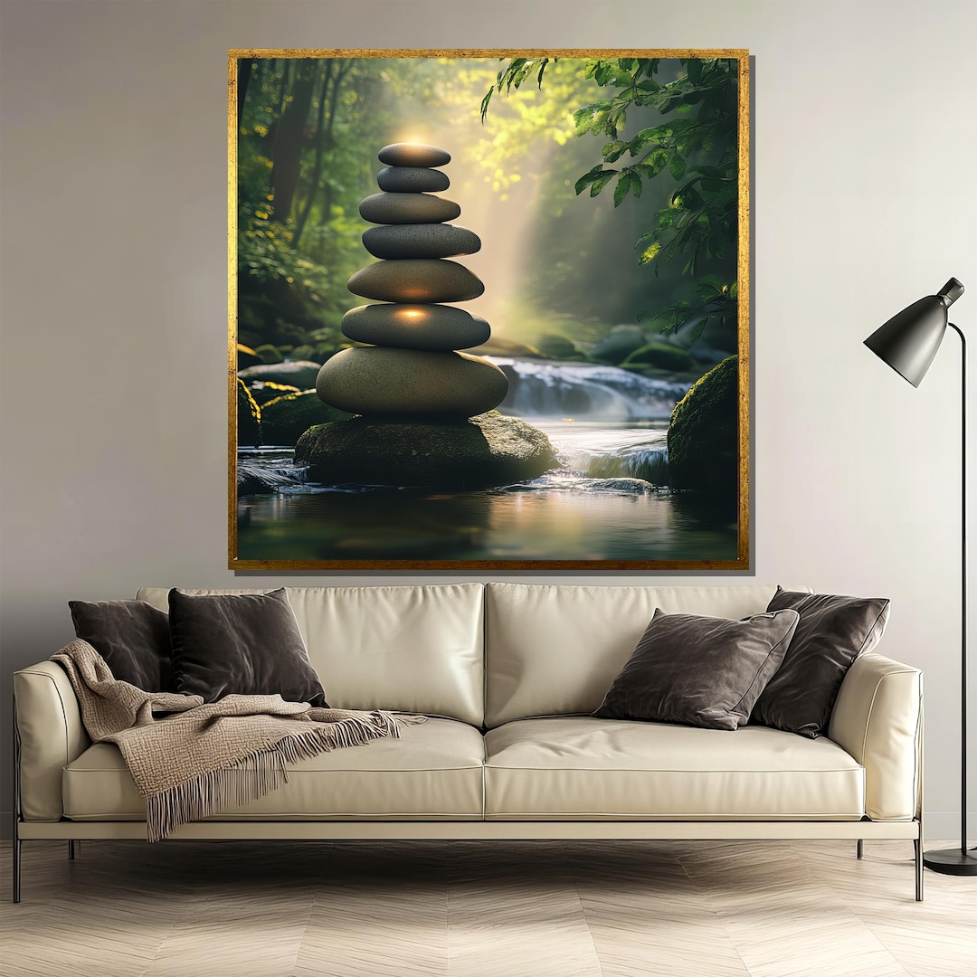 Zen Stone Stack Canvas Painting, Tranquil Nature Wall Art, Peaceful ...