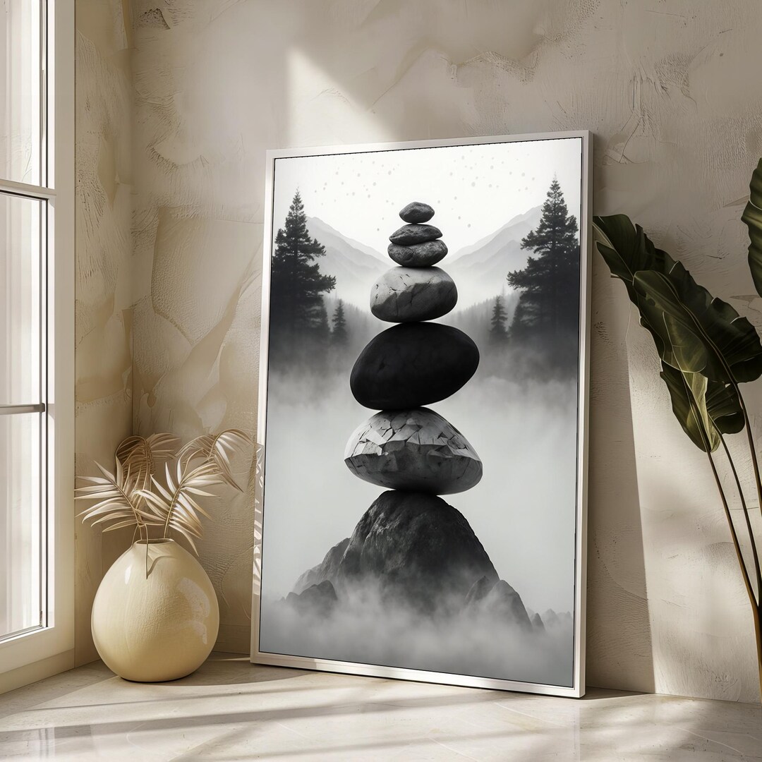 Tranquil Stacked Stones Canvas Painting in Misty Forest Setting, Zen ...