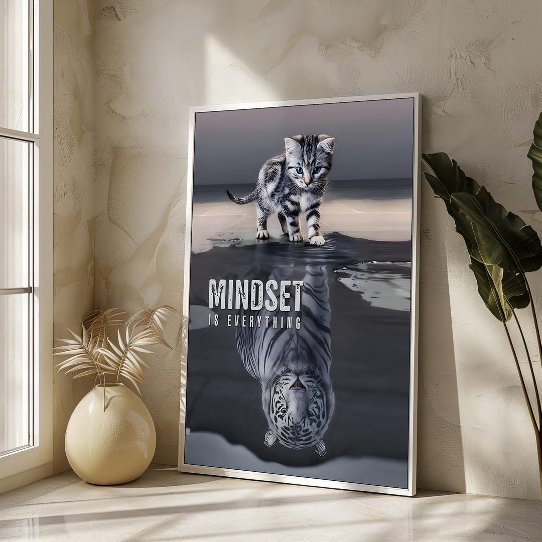 Motivational Cat and Tiger Reflection Canvas Painting With 'mindset is ...