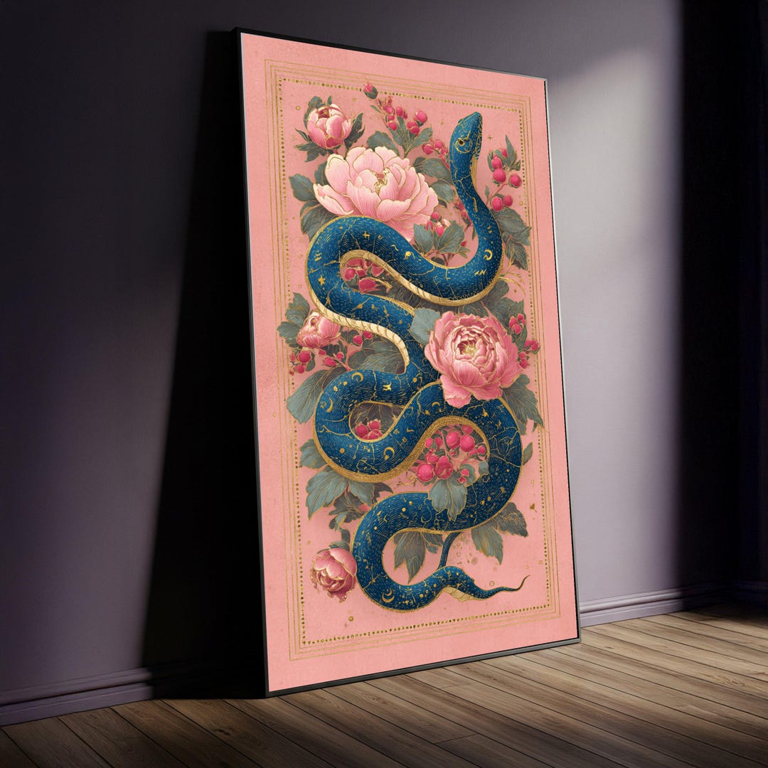 Snake Canvas Painting, Floral Pink Wall Art With Blue Serpent ...