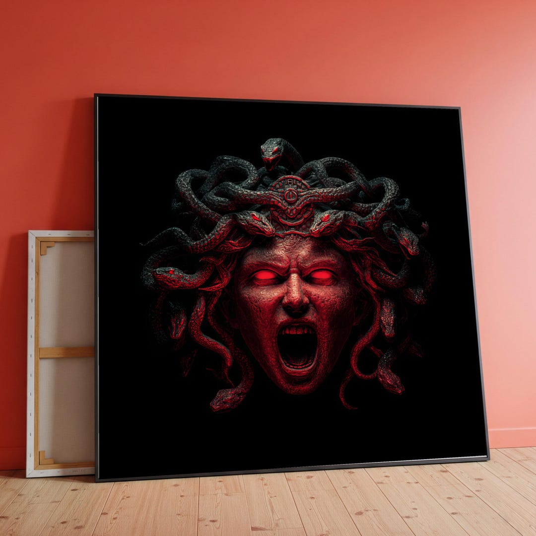 Dark Medusa Canvas Painting With Glowing Red Eyes, Mythological Snake ...