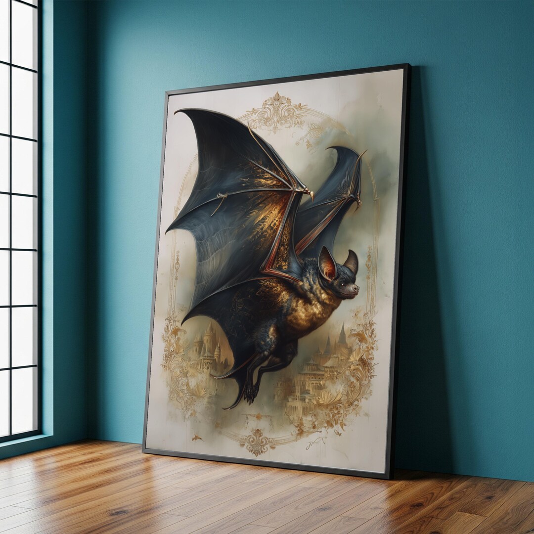 Flying Bat Canvas Painting, Gothic Fantasy Wall Art With Gold Details ...