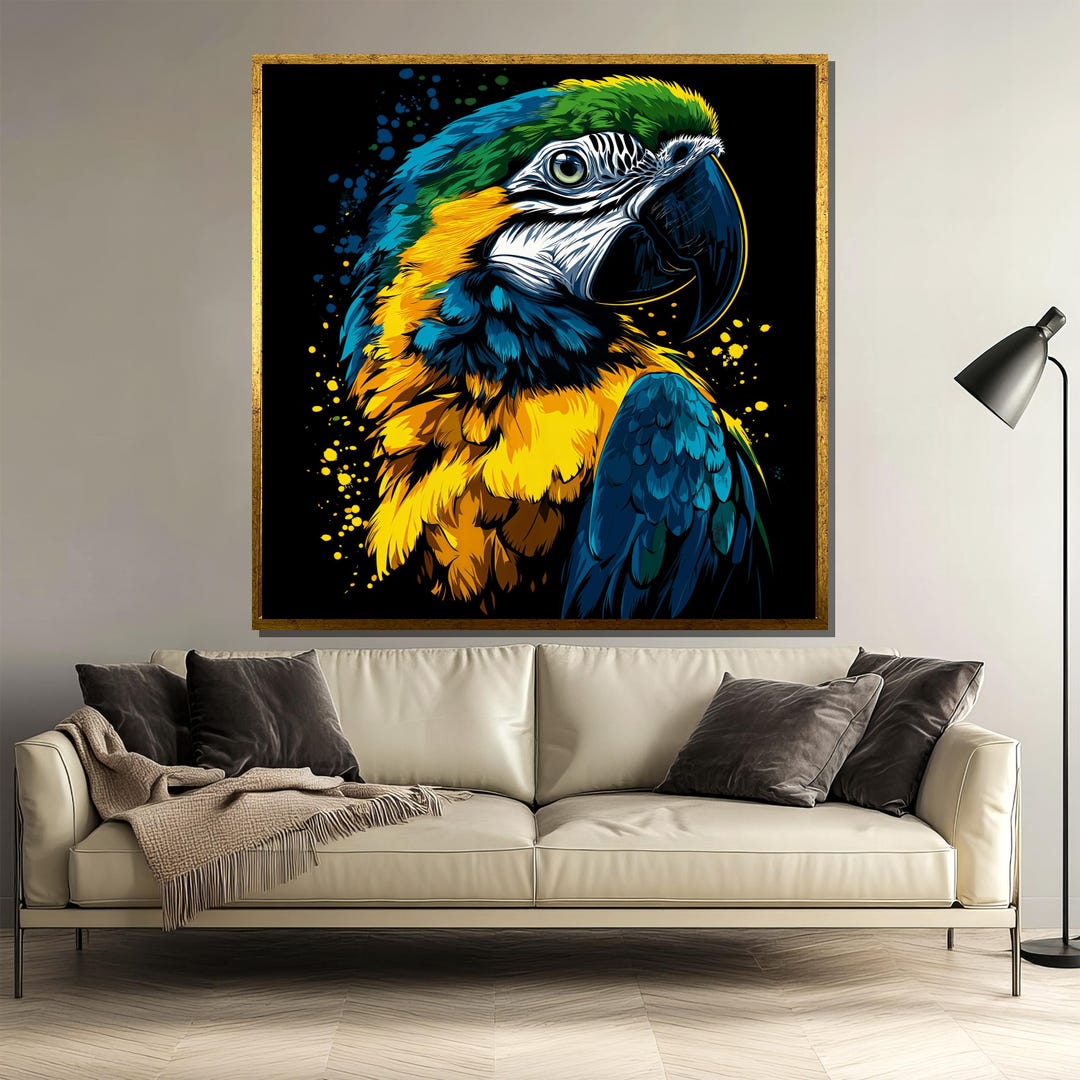 Blue and Yellow Macaw Canvas Painting, Vibrant Parrot Wall Art, Exotic ...