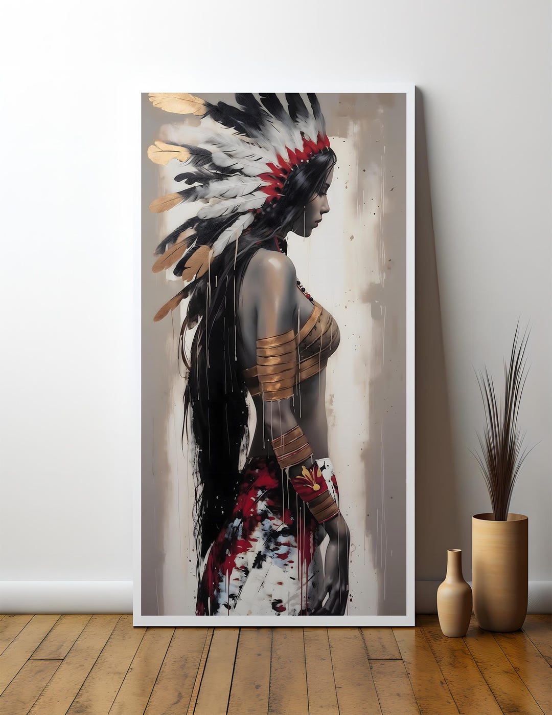 Powerful Native American Woman Art With Feathered Headdress, Striking ...