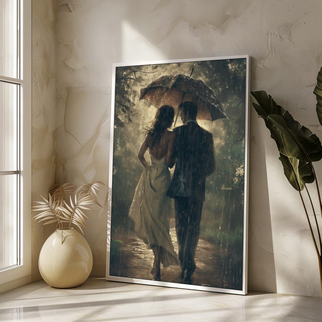 Romantic Walk in the Rain Canvas Painting - Intimate Art Gift for ...